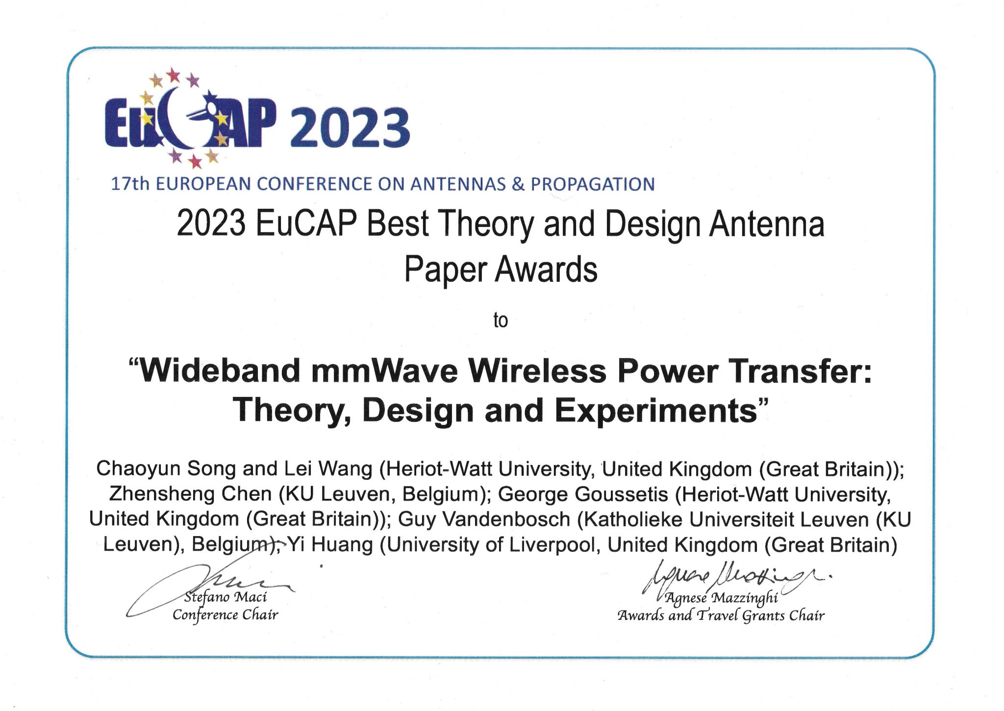 Best Paper Award in EuCAP 2023 – Microwaves & Antenna Engineering Group